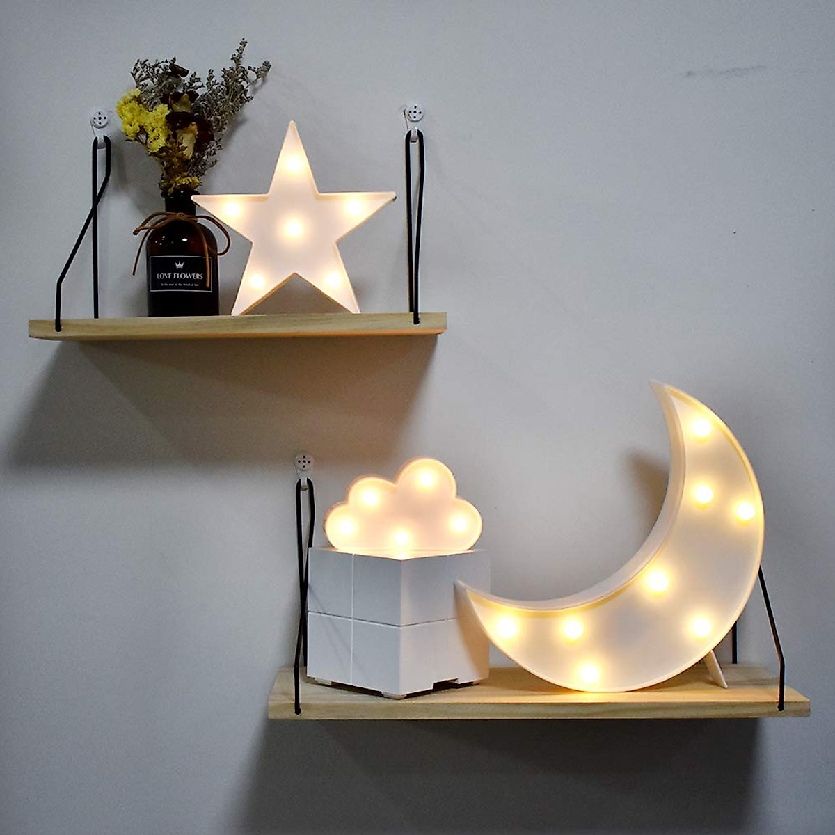 GUOCHENG Lovely White Moon Star Cloud Light Set Battery Operated LED Marquee Light Sign Warm White Bedside Lamps for Kids Children Bedroom Nursery, Baby Standing Night Light