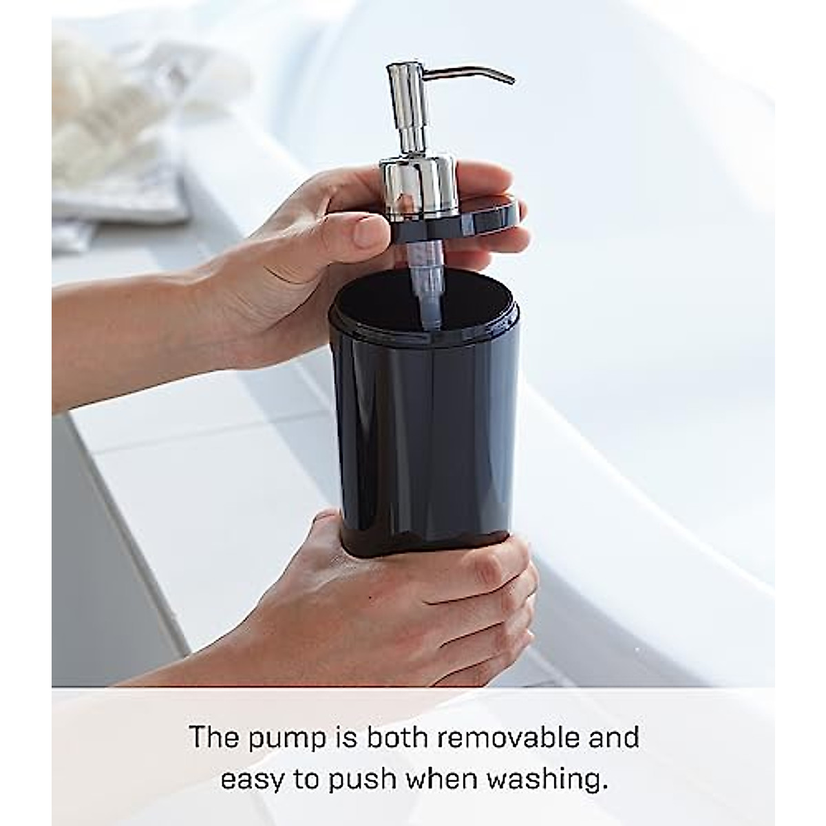 Yamazaki 2929 Tower Shampoo Dispenser Contemporary Bottle Pump for Shower, Round, Black & Silver