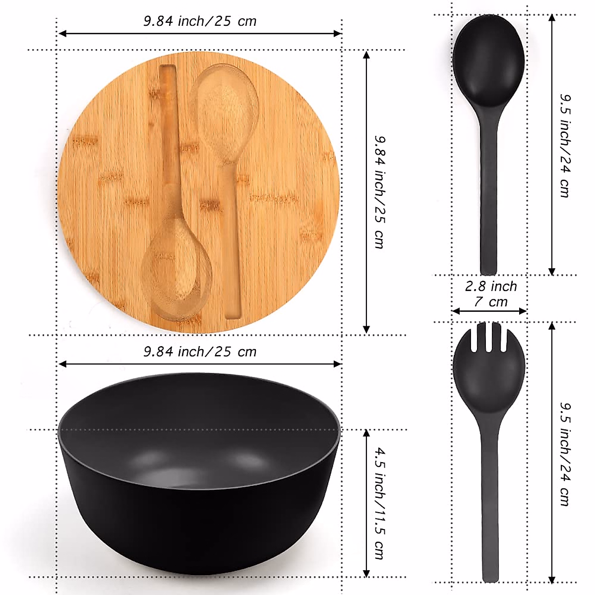 ShineMe Black Salad Bowl Set, 9.8inches Large Bamboo Fiber Salad Bowl With Lid and Utensils(Spoon & Fork), Solid Mixing Bowl For Serving Pasta, Fruits, Vegetables, Bread and Chips