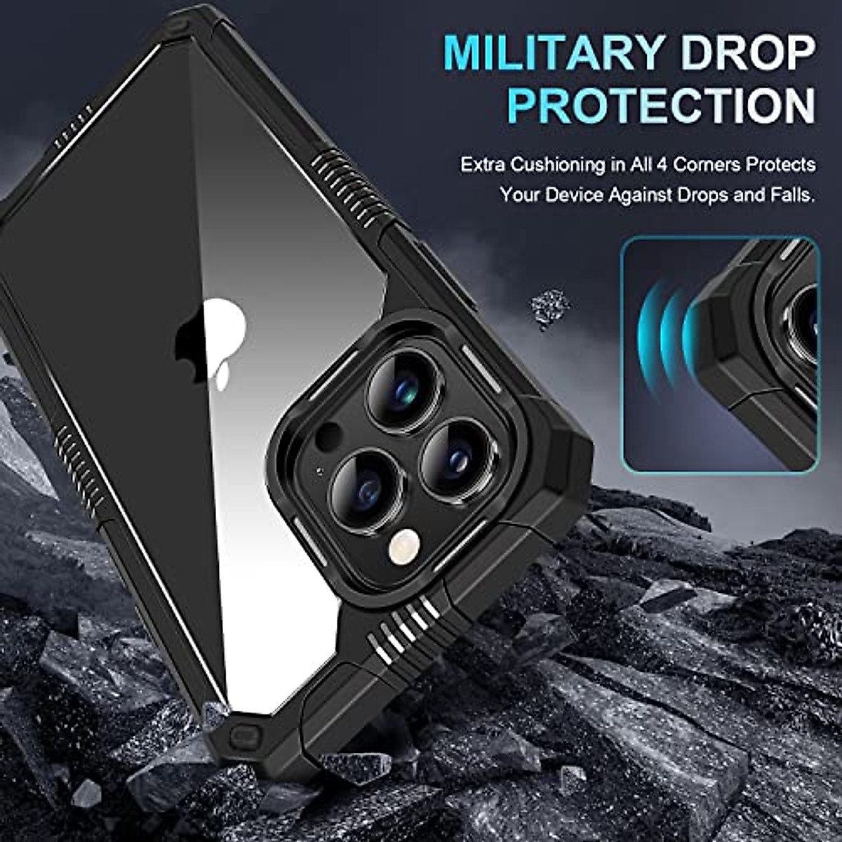 TENDLIN Compatible with iPhone 13 Pro Max Case with Screen Protector and Camera Lens Protector, Military Grade Drop Protection Crystal Clear Hard Back Soft Bumper Protective Case - Black