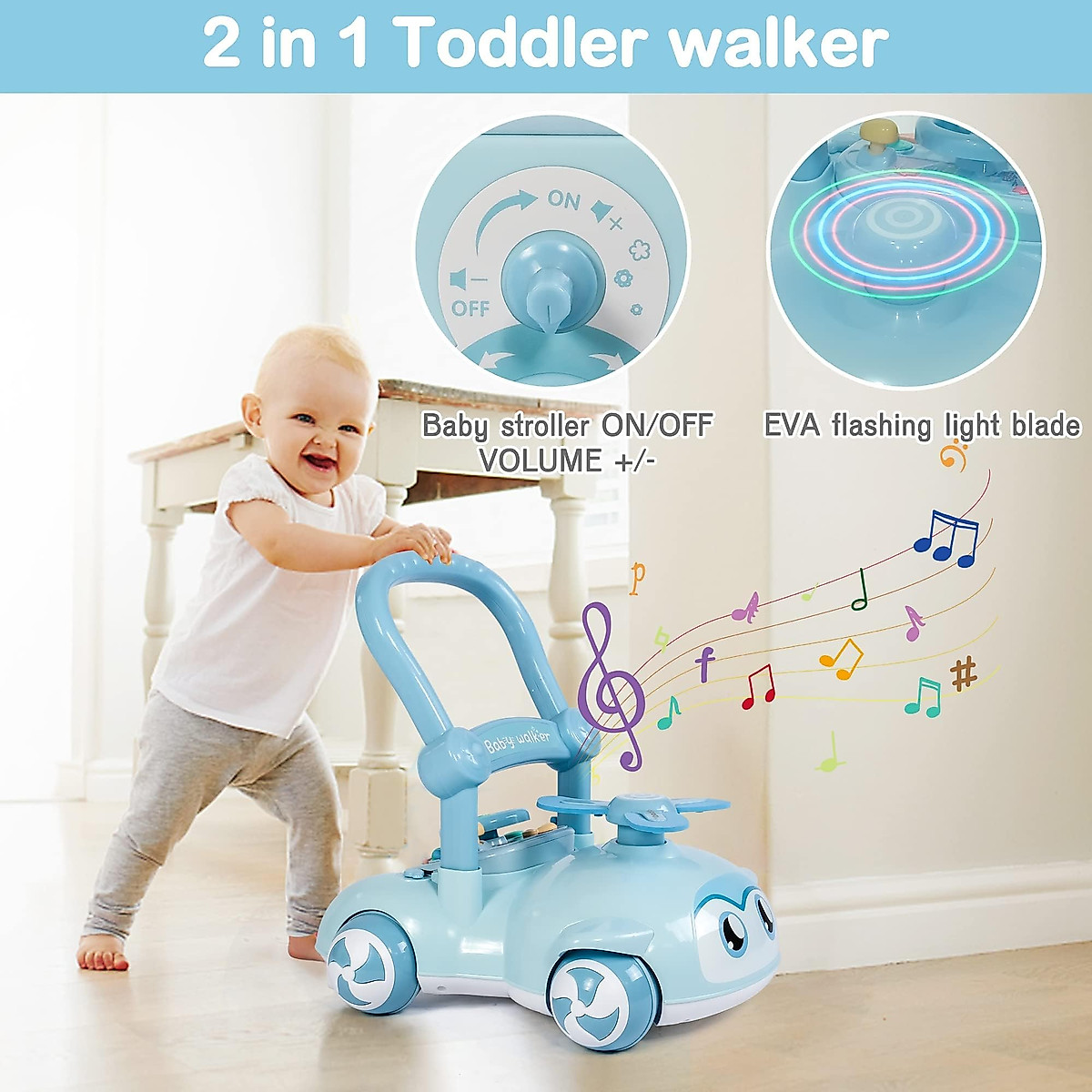 COLOR TREE 2 in 1 Baby Walker + Toddler Steering Wheel Activity Center, Sit-to-Stand Push Pull Walker, Early Educational Learning Toy with 4 Large Wheels and EVA Flash Lamp Blades and Music, Blue