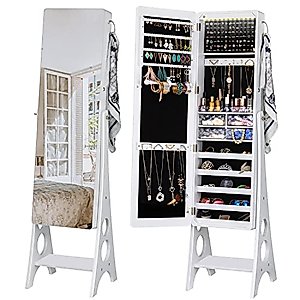 YOKUKINA Mirror Jewelry Cabinet Standing, Large Storage Jewelry Armoire, Full-Length Frameless Mirror with Jewelry Storage, 12 LED Lockable Standing Jewelry Organizer (White)