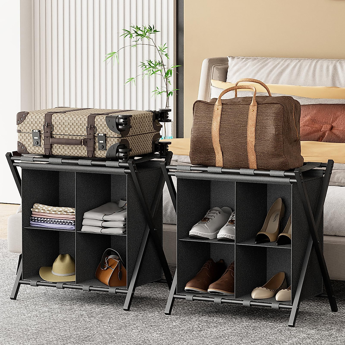 Huhote Luggage Rack for Guest Room, Set of 2, Folding Suitcase Stand with Fabric Storage Shelf, Luggage Holder, Steel Foldable Luggage Stand for Guest Room, Bedroom, Hotel, Black