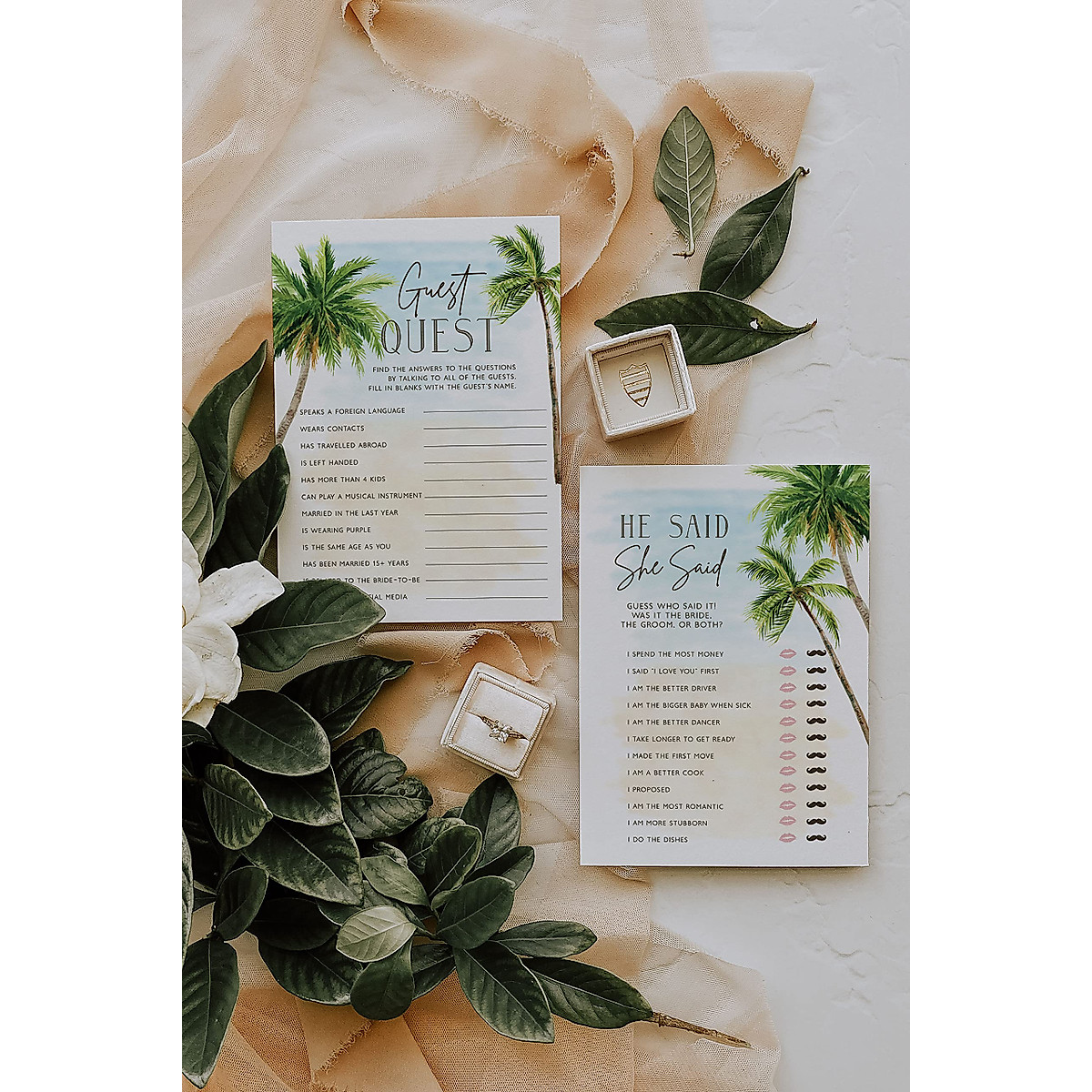 Your Main Event Prints Palm Tree Beach, Wedding Bridal Shower Games Guest Quest, He Said She Said, Would She Rather, How Well Do You Know(Set of 4 Fun Activities for 25 Guests)