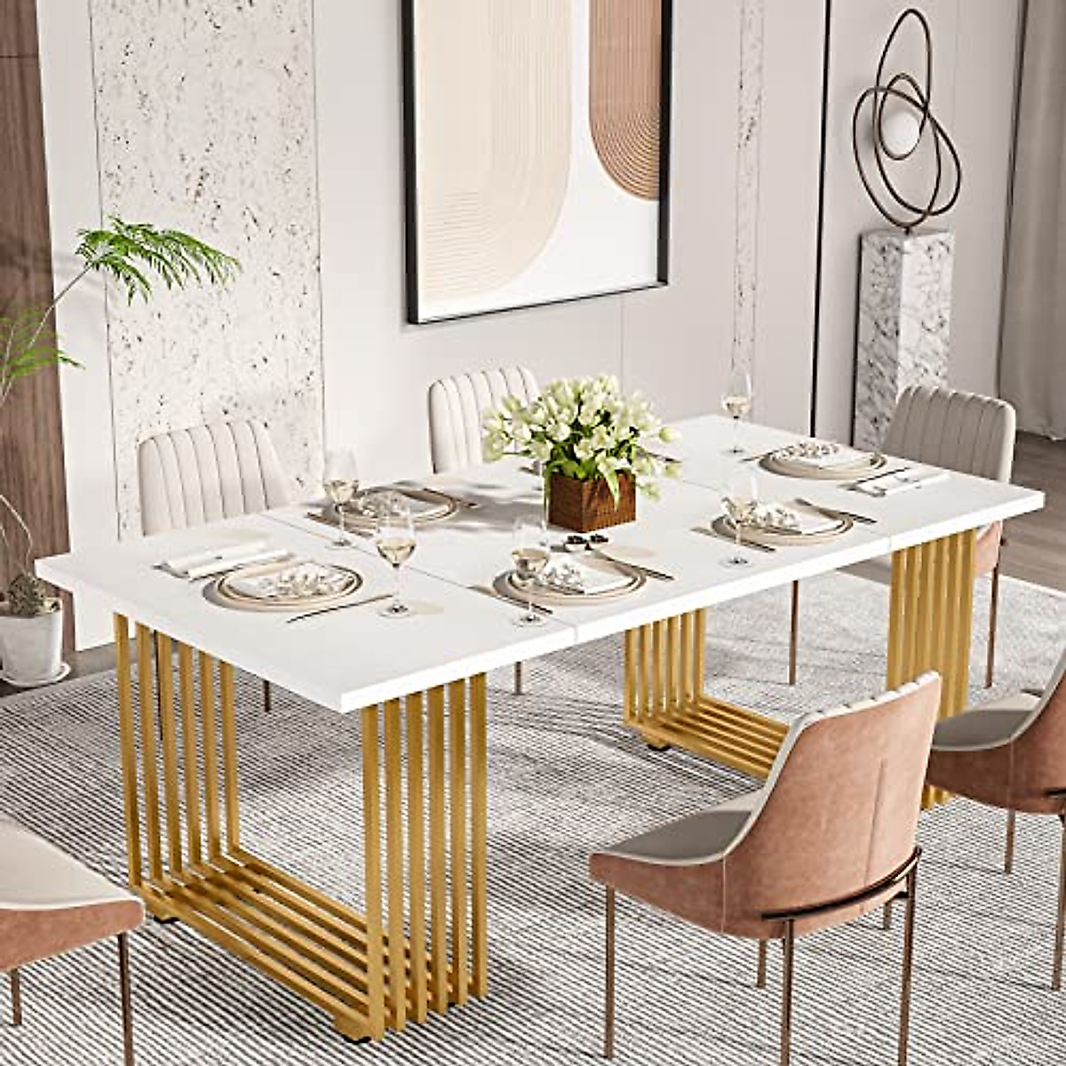 Tribesigns Modern Dining Table for 6-8 People, 70.8 Inches Long White Dining Room Table for Kitchen, Wood Kitchen Table with Gold Metal Legs, Rectangular Dinner Table for Dining Room, Family Gathering
