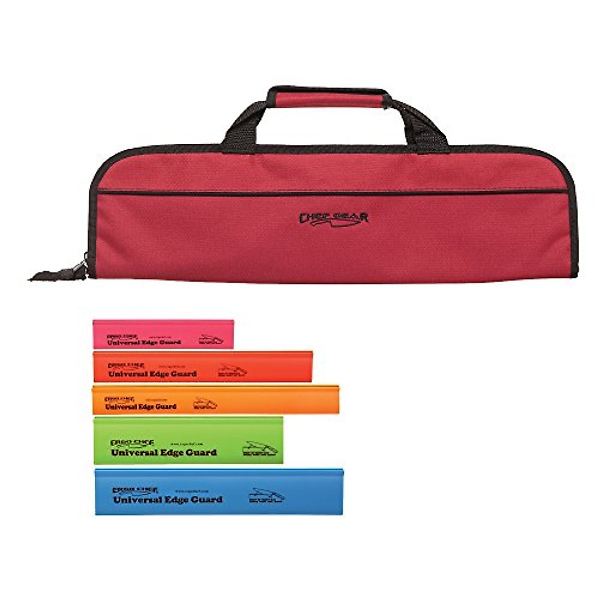 5 Pocket Padded Chef Knife Case Roll with 5 pc. Edge Guards (Red 5 Pocket bag w/5pc Multi-Color Edge guards)