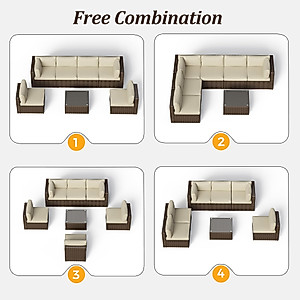 SUNVIVI OUTDOOR 7 Piece Patio Sectional Sofa Outdoor All Weather Brown PE Wicker Furniture Set, Paito Conversation Sofa Set with Glass Table, Removable Beige Cushions