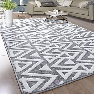 Ompaa Ultra Soft Shaggy Rugs Memory Foam Bedroom Carpet, Grey 7 x 10 Feet Large, Plush Geometric Textured Area Rugs for Living Room Couch Dorm Bedside Kids Girls Teens Room Nursery Decor Mat