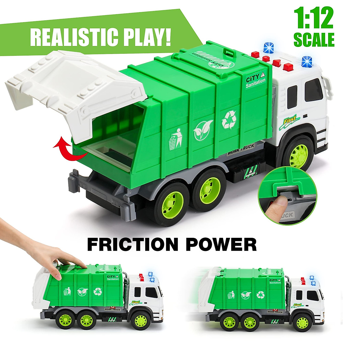 MOBIUS Toys Garbage Truck Friction-Powered – 1:12 Scale Large Size Truck w/Sounds, Lights, Loader, 4 Trash Cans for Learning Waste Management Recycling Toy for Toddlers, Boys, Girls 3 4 5 Years Old