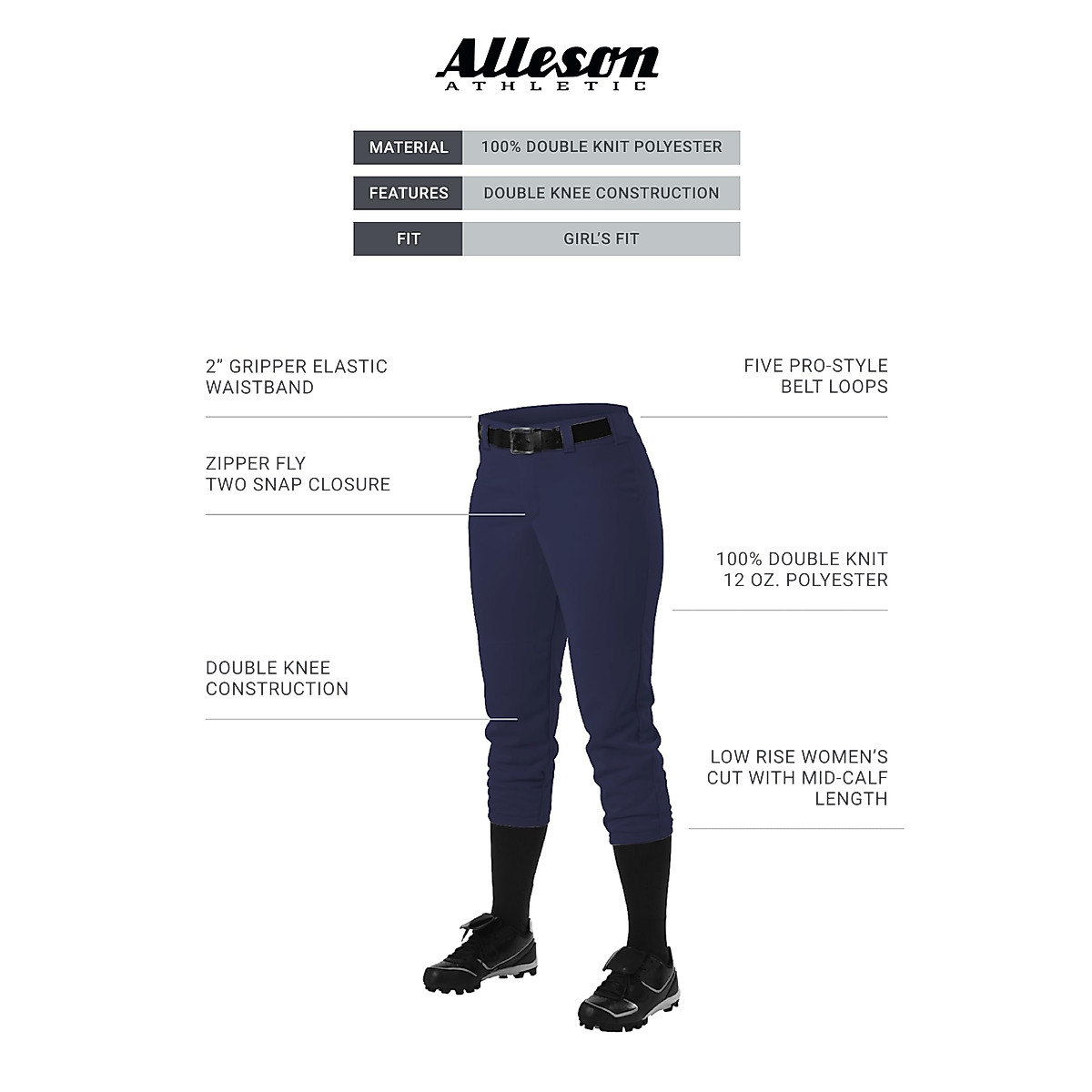 Alleson ATHLETIC Girls' Large (26-28" W) Athletic Fast Pitch Softball Belt Loop Pants, Navy