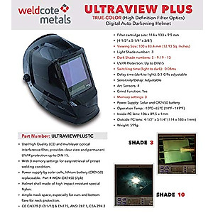 Weldcote Metals Ultraview Plus True Color Digital Auto Darkening Welding Helmet Shade 9-13, Black