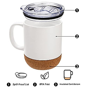 SOUJOY Set of 4 Cork Base Coffee Mug, 13oz Ceramic Mug with Insulated Cork Bottom and Spill proof Lids, Tea Mug Gift Set for Women Men