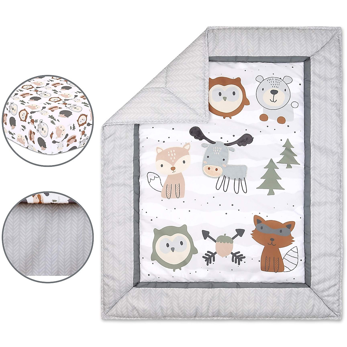 The Peanutshell Woodland Walk Crib Bedding Set for Boys or Girls | 3 Piece Nursery Set | Crib Quilt, Fitted Sheet, Crib Skirt
