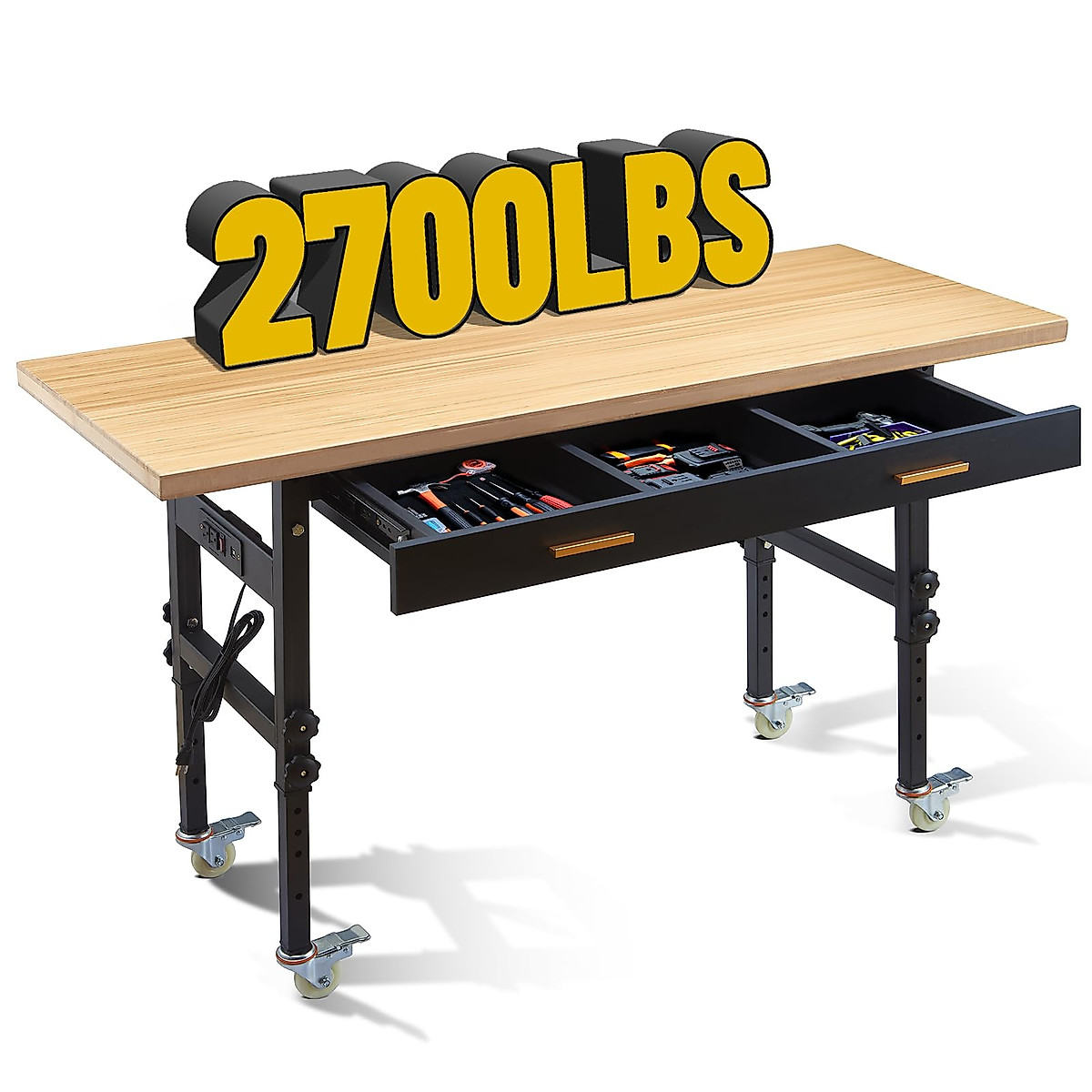 60" Height Adjustable Work Bench Table with Storage, Drawers, Wheels, Power Outlet - Heavy-Duty Garage Work Benches, 2700 LBS Load Capacity Wood Top Workbench for Workshop, Office, Home