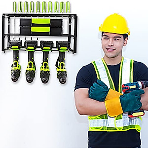 Power Tool Organizer, Drill Holder Storage Rack with Wall Mounted 4 Drill Slots 3 Layers Garage Tool Organizer Storage Wrench and Srewdriver Rack for Home and Workshop