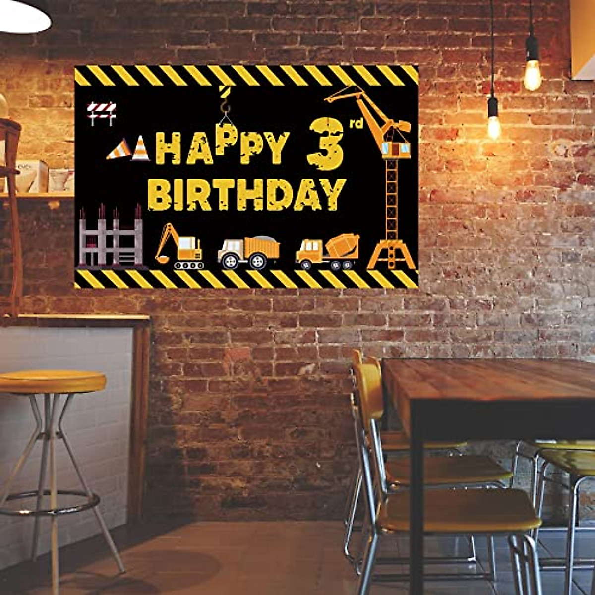 Joyiou Construction Theme Happy 3rd Birthday Decorations Backdrop Banner for Boy Kids, Three Years Old Yellow Black Dump Truck Birthday Party Excavator Crane Sign Supplies Photo Booth Props (5* 3 ft)