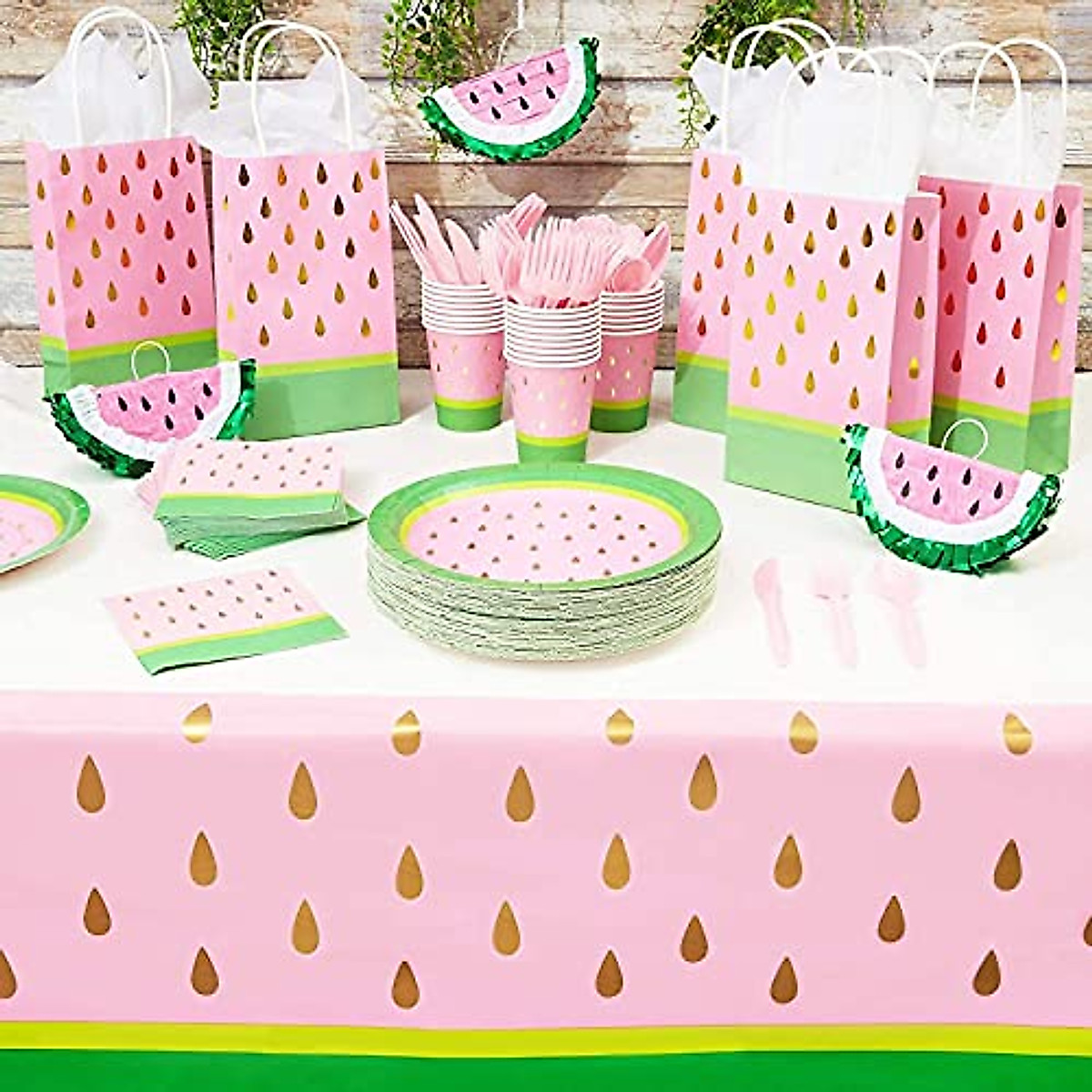 Watermelon Birthday Party Favor Gift Bags with Handles (9 x 5 x 3 in, Pink with Gold Foil)