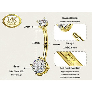 OUFER Gold Belly Button Rings, 14K Solid Gold Belly Rings, Shiny Clear CZ Belly Piercing Jewelry, Navel Rings, Long Navel Belly Rings For Women Men-14MM