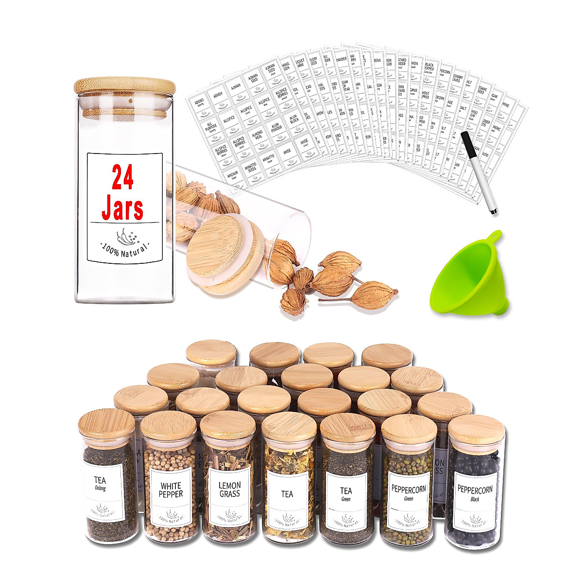 Churboro 24 Glass Spice Jars with Bamboo Airtight Lids, 400 Spice Labels, Funnel and Chalk Marker Set Spice Containers, 4 OZ Glass Storage Jars.
