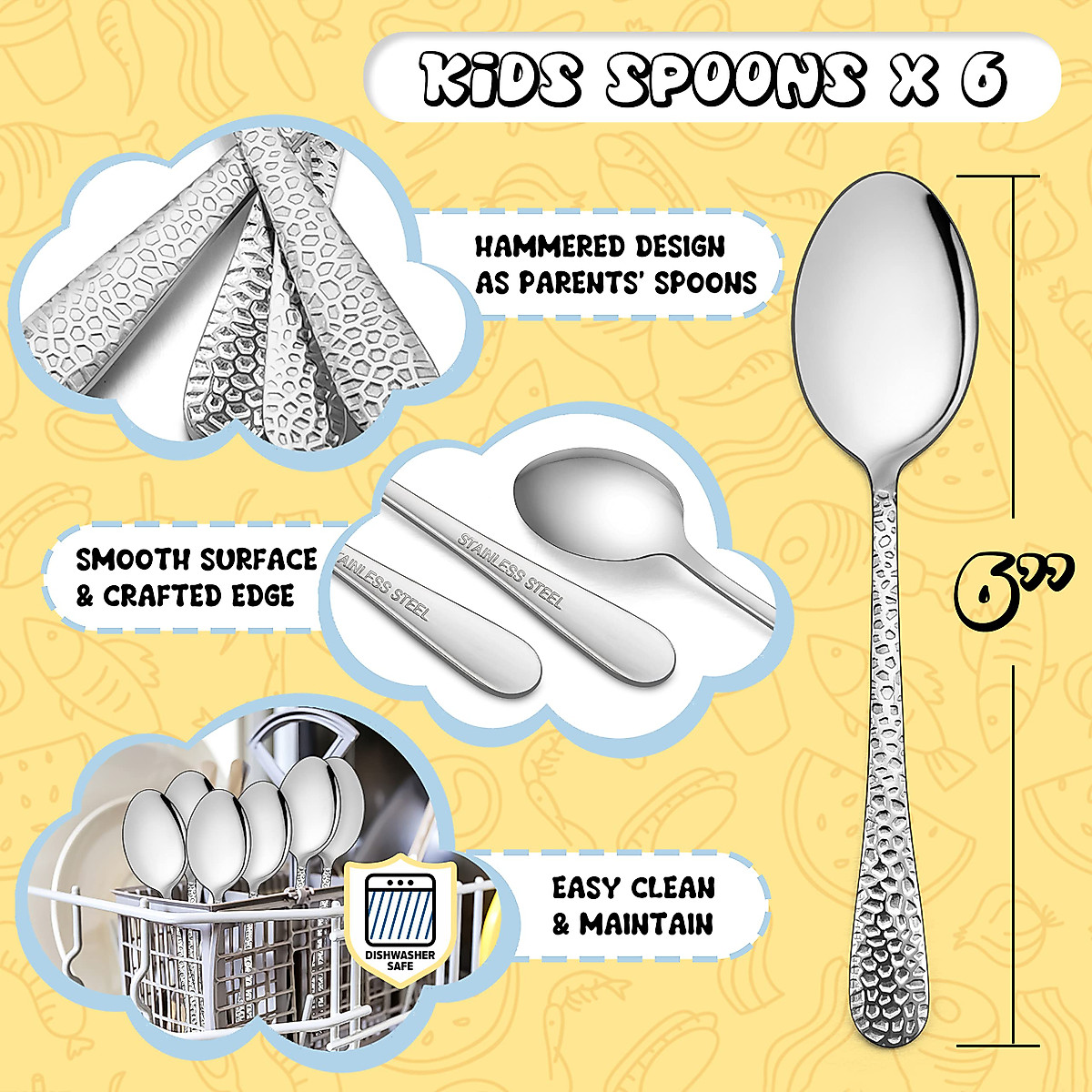 E-far Stainless Steel Kids Spoons, 6-Piece Toddlers Spoons Safe for Preschooler/Children, Hammered Adult look & Small Size, Rust Free & Dishwasher Safe
