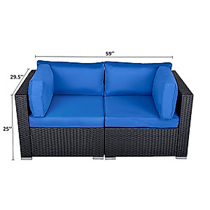 SUNVIVI OUTDOOR Patio Loveseat, 2 Piece Wicker Outdoor Sectional Couch with Removable Navy Blue Cushions, Extra Sofa Furniture