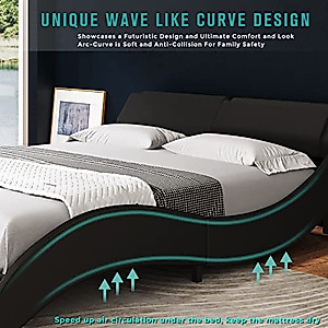 Queen Upholstered Bed Frame with LED Lights Underneath Modern Faux Leather Led Bed Frame Wave Like Curve Low Profile Platform Bed Frame with Headboard,Strong Wood Slats Support,Easy Assembly,Black