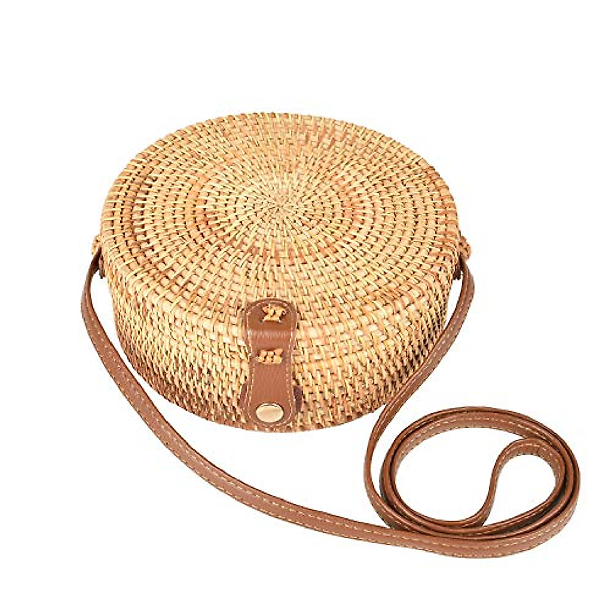 Yunno Handwoven Round Rattan Bag Tropical Beach Style Woven Shoulder Rattan Bag with Leather Strap