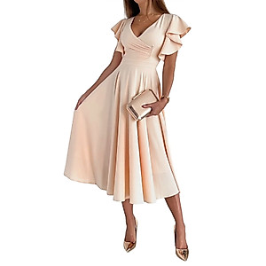 LYANER Women's Deep V Neck Ruffle Short Sleeve Wrap Swing A Line Flared Cocktail Party Midi Dress Beige Solid Small