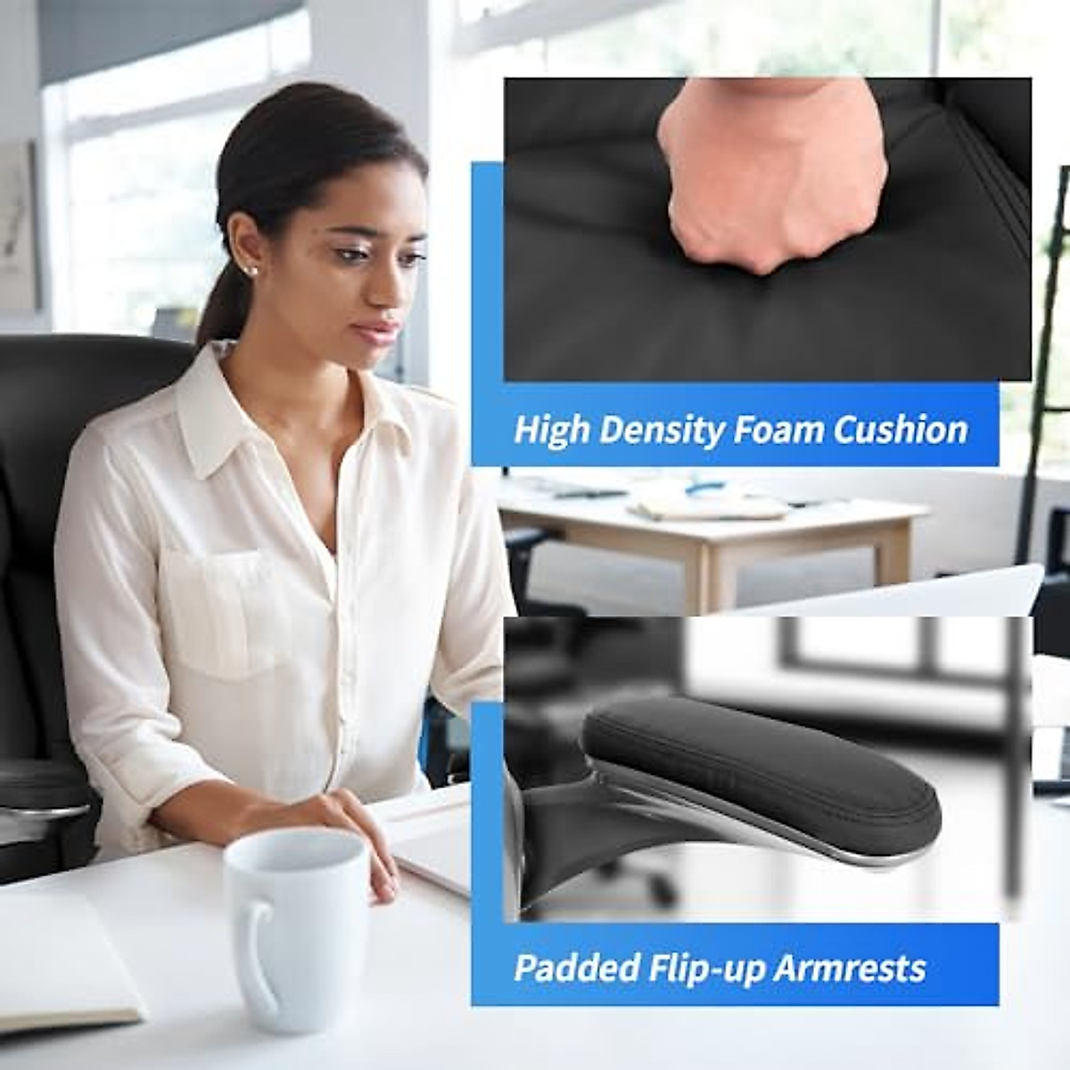 Big and Tall Office Chair 400lbs Ergonomic Computer Desk Chair with High Back, Adjustable Executive Office Chair with Flip-up Armrests, Pu Leather Swivel Task Chair for Home Office, Black