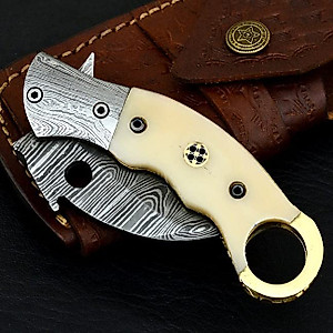 Custom Handmade Damascus Steel Karambit Folding Knife Pocket Knife Everyday Carrying Knife Camel Bone Handle with Leather Sheath