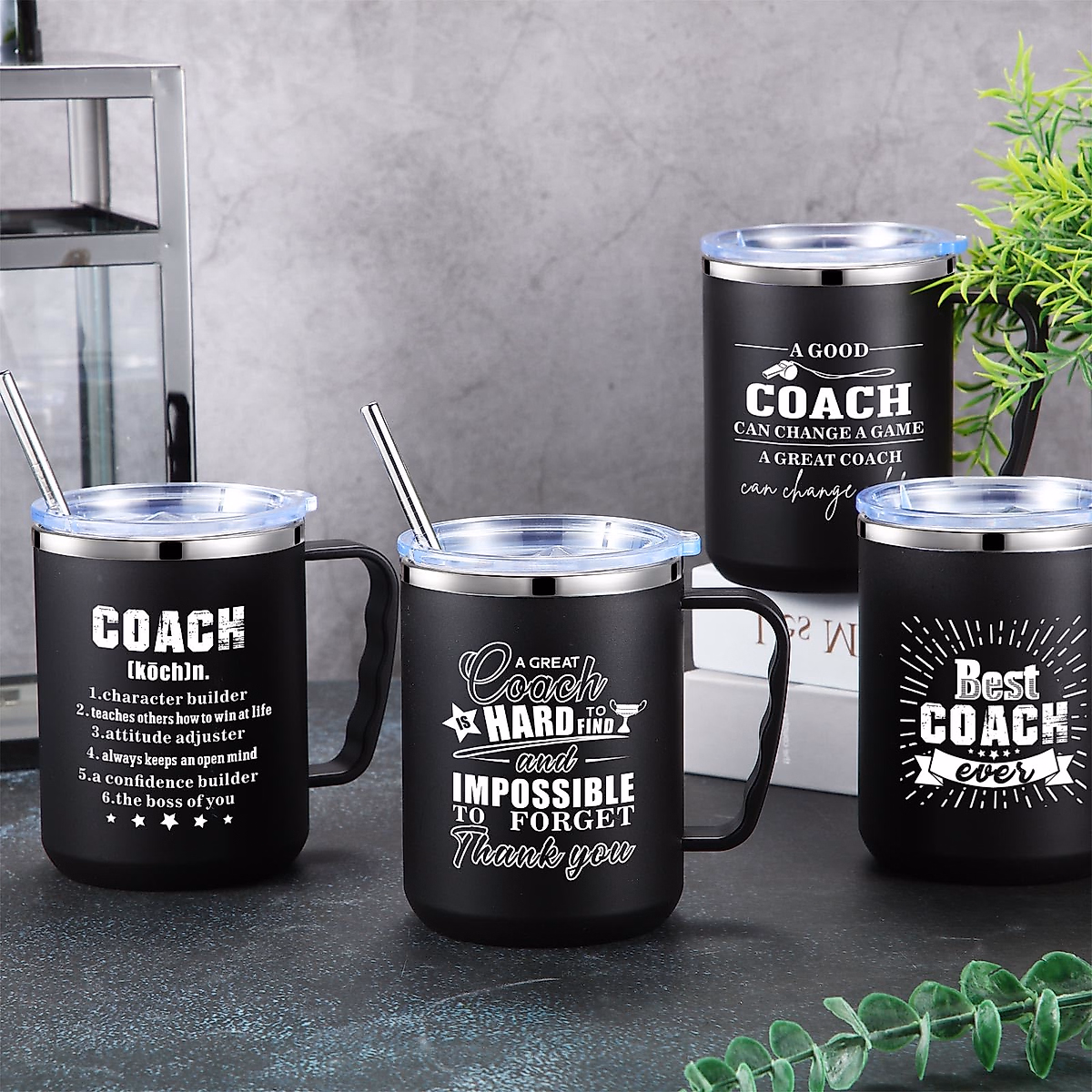 Sumind 4 Pcs Coach Gifts Coffee Mug with Lid and Handle 17 oz Stainless Steel Mug Double Wall Vacuum Travel Mug Coaches Appreciation Gift for Soccer Volleyball Basketball Football (Classic Style)