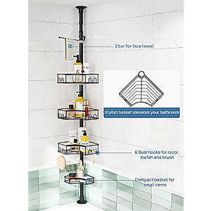 SEIRIONE Corner Shower Caddy Tension Pole, 4-Tier Rust-Free Shower Organizer Corner, Adjustable Shower Shelf for Inside Shower, Easy-Install Shower Rack for Shower Storage, 61.3 to 113Inch, Black