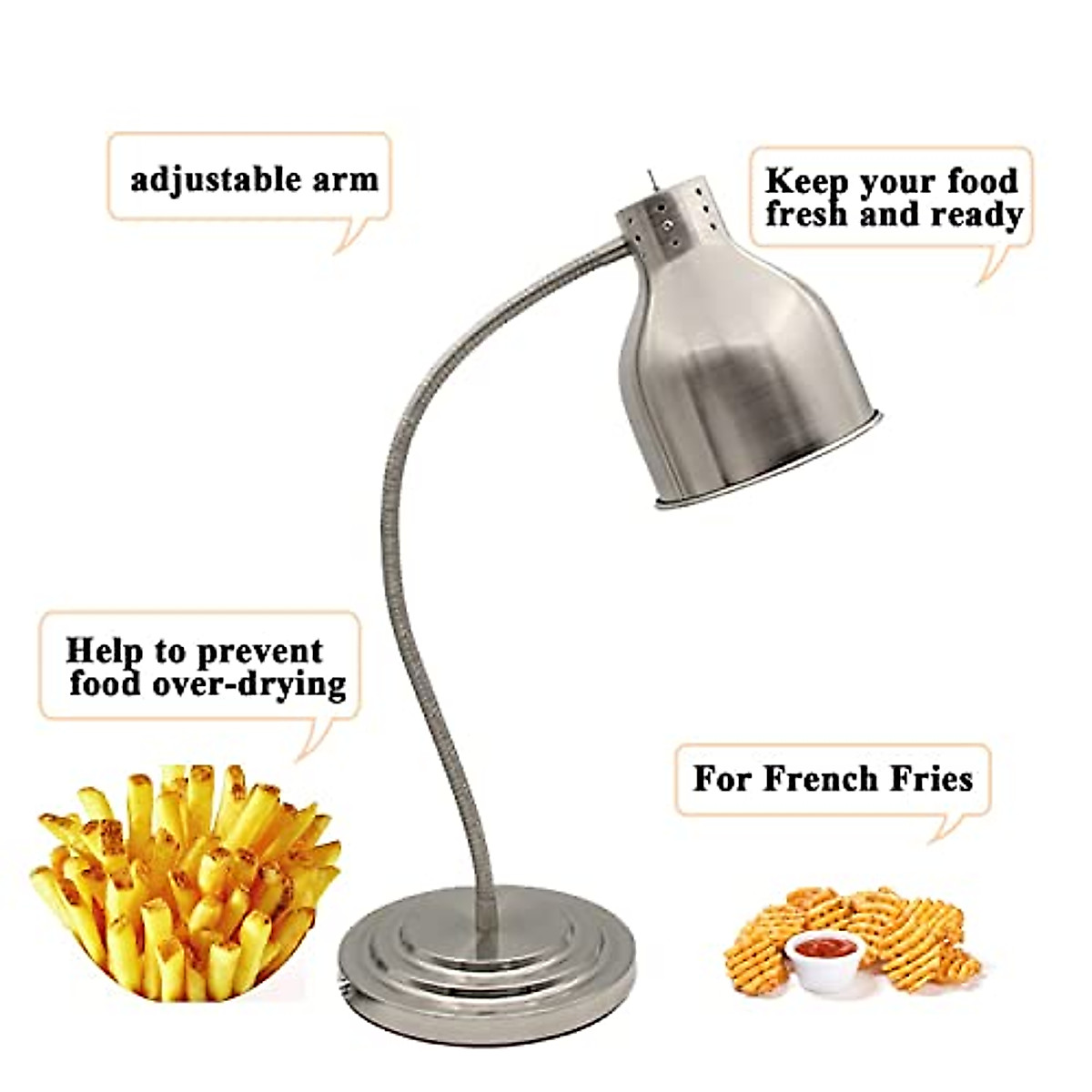 KOUDA Single Bulb Food Heat Lamp Restaurant Food Warmer Light Portable Heating Lamps (Single Arm) Silver