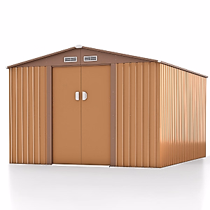 HOGYME 10.5' x 9.1' Storage Shed Large Metal Shed, Sheds &Outdoor Storage Clearance Suitable for Garden Tool Bike Lawn Mower Ladder, Utility Tool House w/Lockable/Sliding Door, 4 Vents, Coffee