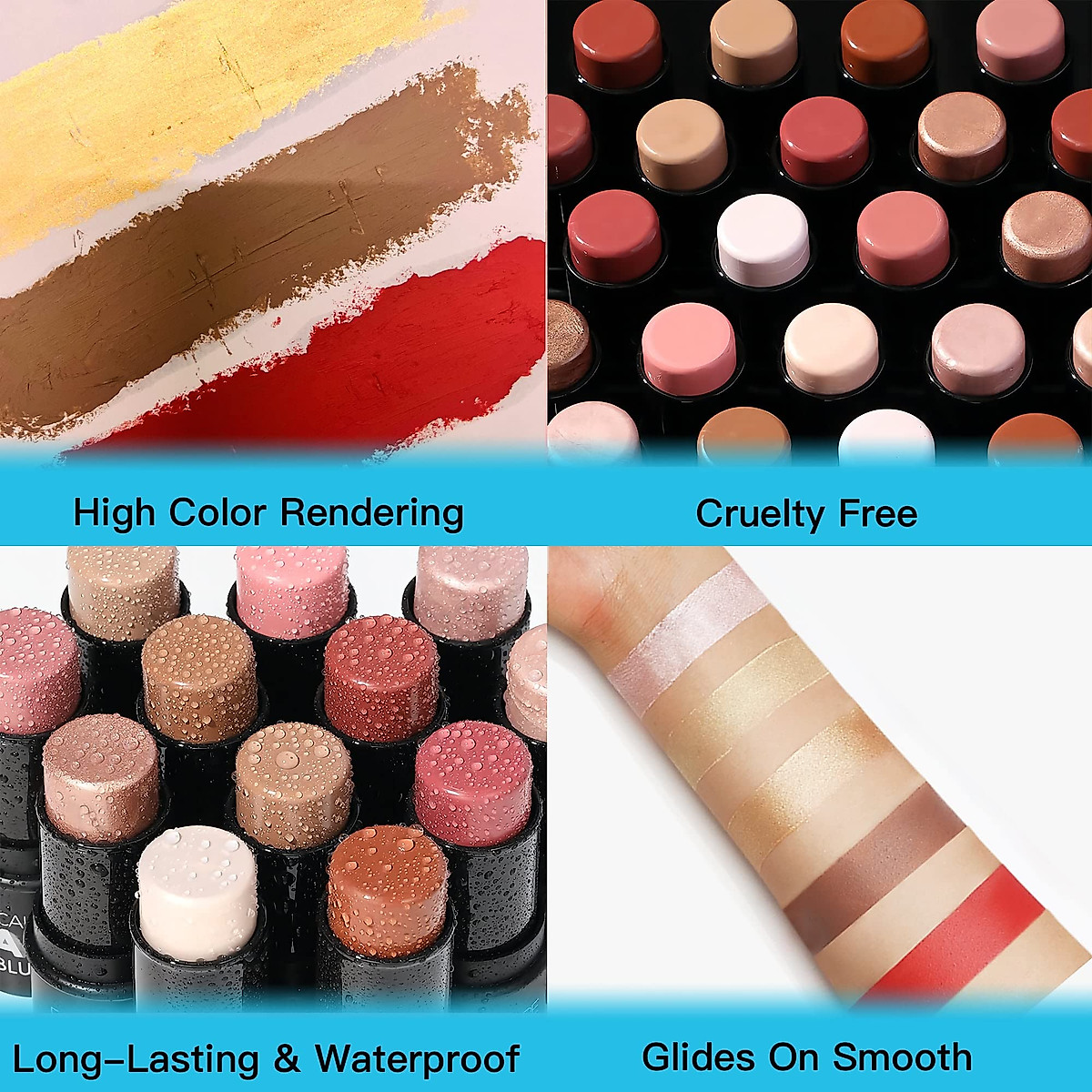 3 Pcs Cream Contour Sticks, Shades with Highlighter & Shadow & Blush, Shimmer Cream Powder Waterproof and Long-lasting Face Cosmetics, Non-greasy Face Brightens & Blush Sticks.