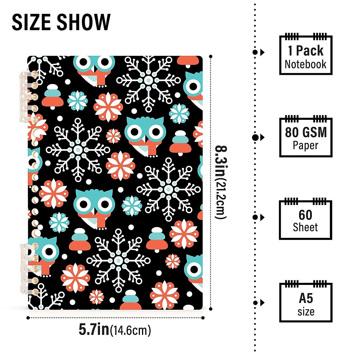 SPRIPORT Christmas Owls Snowflake Spiral Journal Notebook for Women Men A5 Memo Notepad Sketchbook with Durable Hardcover & 60 Pages Writing Journal for Journaling Notes Study School Work Boys Grils