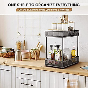 Under Sink Organizers and Storage, Bathroom Cabinet Organizer and Storage, 2 Tier Under Cabinet Organizers and Storage with 4 Hooks, Metal Kitchen Sink Storage Organizer with Non-slip Feet-2 Pack