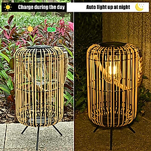 Livinlarge Solar Lantern Outdoor Waterproof, Large Solar Rattan Lantern Outdoor Hanging with Handle, Bright Solar Outdoor Lights with Edison Bulb for Garden Patio Yard Tabletop Decoration