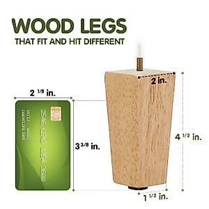 Yes4All 4.5 Inches Square Wood Furniture Legs Set of 4 - Wooden Replacement Feet for Couch, Bed, Bench - Adjustable Sofa, Ottomans Tapered Leg with Leveler - Nature Rubber Wood Parts for Table, Chair
