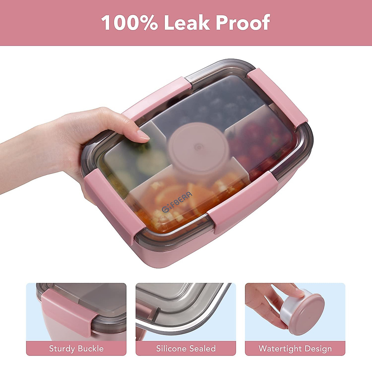 GiFBERA Large Salad Lunch Container - 68 oz Salad Bowl with 5 Compartments Bento-Style Tray, 2 pieces Salad Dressing Containers To Go, Leak-Proof & BPA-Free (Pink)