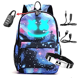 Smile Luminous Backpack with USB Charger Port & Headphone Port, DJ Music Laptop Backpack, Birthday Gifts for Teens and Adult (Sky)