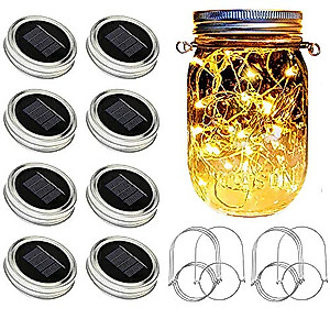 SunKite Solar Mason Jar Lights [Updated], 8 Pack 20 LED Waterproof Fairy Firefly Jar Lids String Lights with Hangers(NO Jars), Patio Yard Garden Wedding Decoration - Warm White