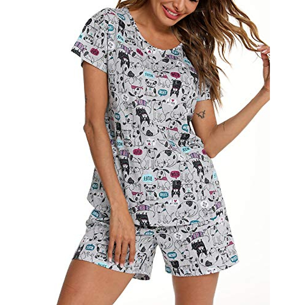 ENJOYNIGHT Women's Cute Sleepwear Print Tee and Shorts Pajama Set (Large, Grey Dog)