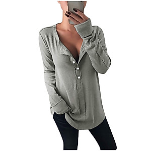 Aniywn Women's Ladies Thin Long Sleeve Tunic T-Shirt Baggy V-Neck Buttons Pure Color Tee Pullover Blouse Gray