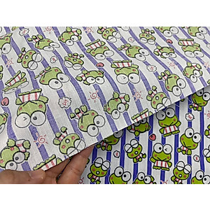 AMORNPHAN 44 Inch Green Keroro Happy Frog Cartoon Purple Stripes Printed On White Cotton Fabric Themed Pattern with Frogs for Craft Decorative Kid Patchwork Handmade Sewing Crafting for 1 Yard
