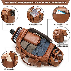 Zeroway PU Leather Travel Duffel Bag with Toiletry Dopp Kit and Laundry Bag, Weekender Overnight bag Luggage Carry-On Bag with Shoe Pouch for Men or Women Brown