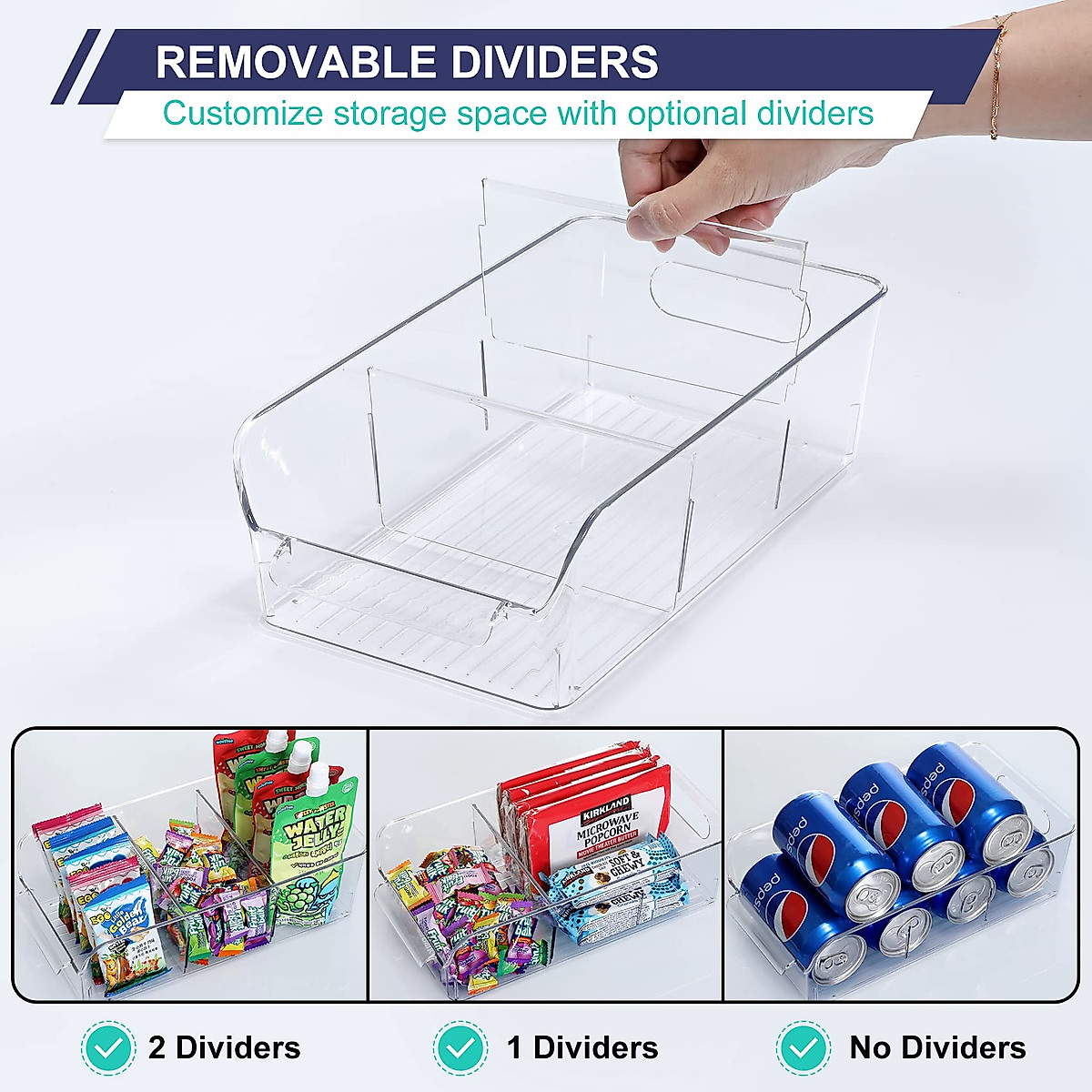 LANDNEOO 2 Tier Clear Organizer with Dividers + Set of 8, Stackable Clear Bins with Removable Dividers - Pantry Food Snack Organization and Storage - Multi-Purpose Plastic Home Organizer