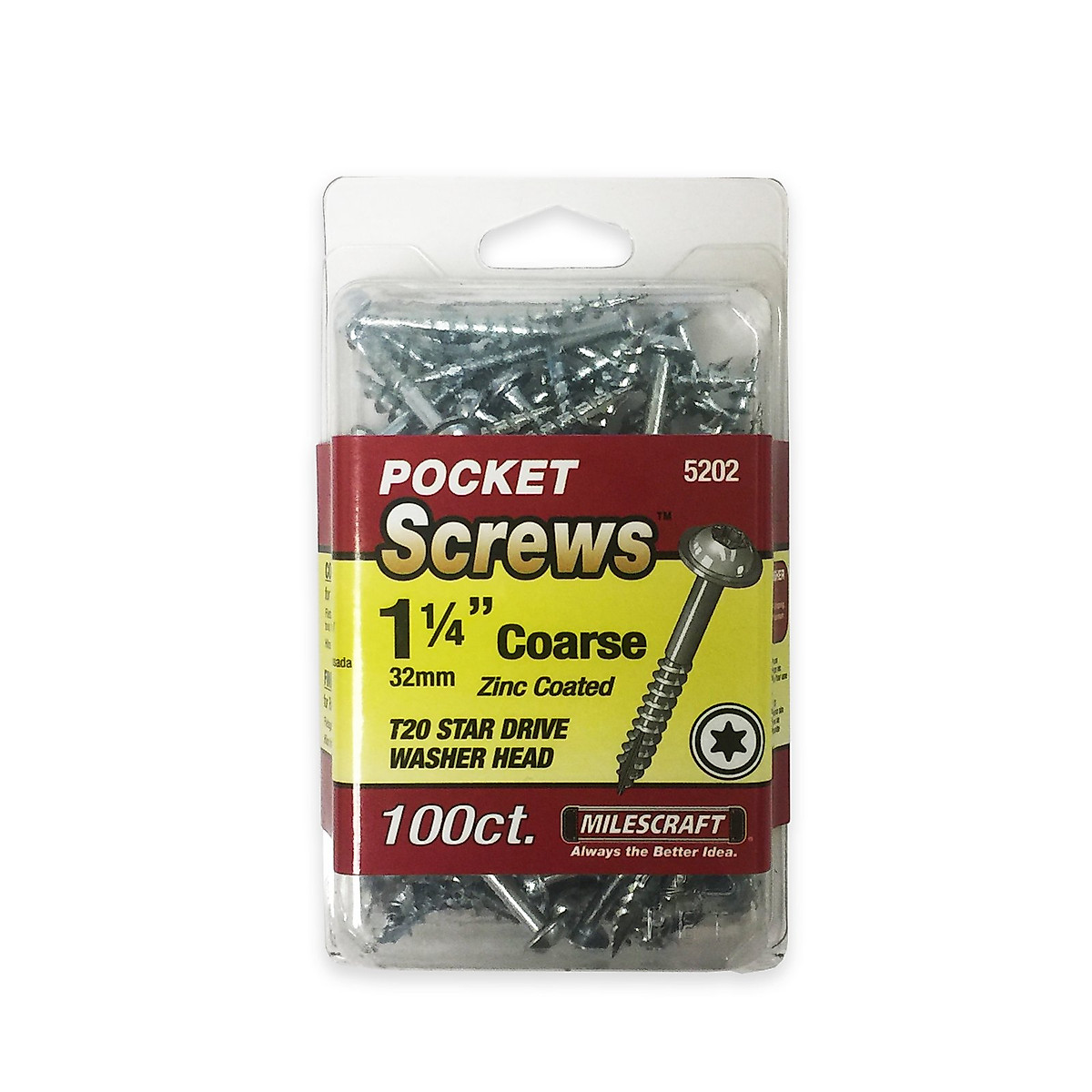 Milescraft 5202 Wood Pocket Hole Screws - #7 x 1-1/4" Washer Head with Coarse Thread (100pc.), Torx Drive Self-Tapping, For Indoor Use