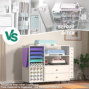 Craft organization and storage Cart Compatible with Cricut Machine Cricut Table, Rolling Craft Organizer With two large drawer & 24 Vinyl Roll Holder & Paper Storage Organizer, for Home Craft Room