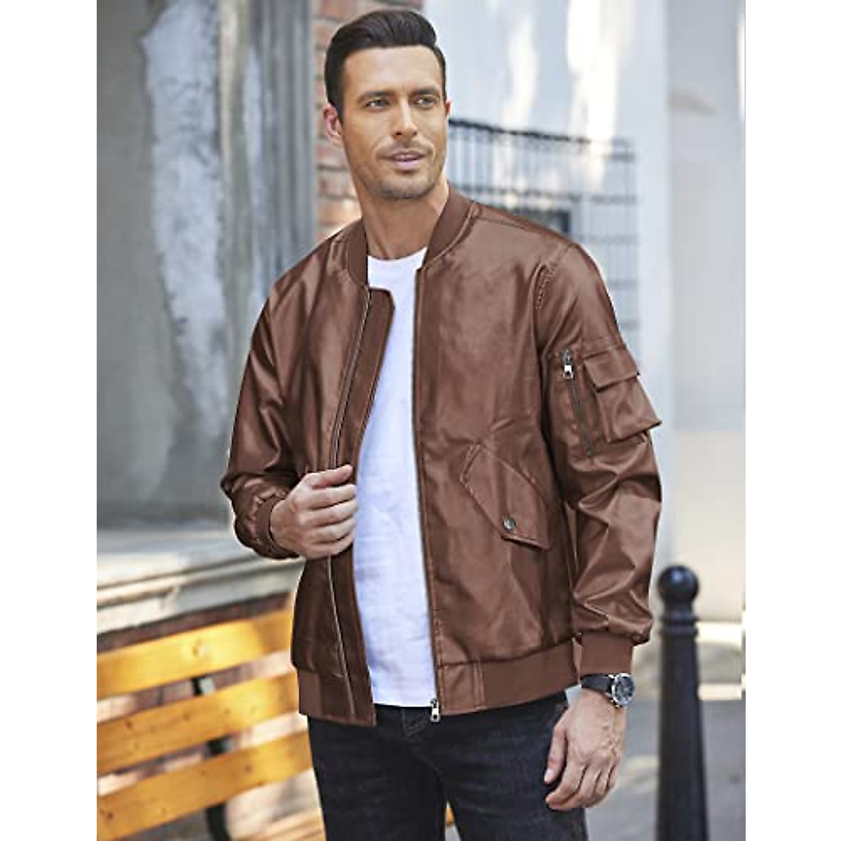 COOFANDY Men's Leather Bomber Jackets Fashion Disco Jacket Varsity Jackets Coat